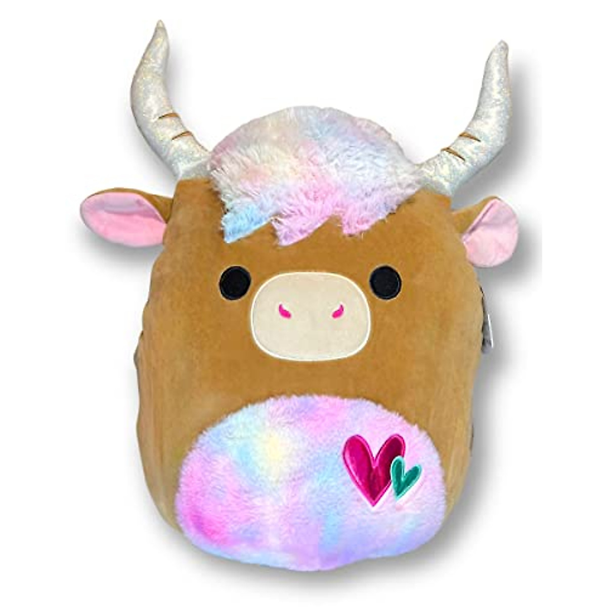 Squishmallows Official Kellytoy 16 Inch Candela Brown Highland Cow with Rainbow Fuzzy Mane and Belly - Pink Nostrils - 2023 Valentine's Squad Stuffed Animal Toy Pillow