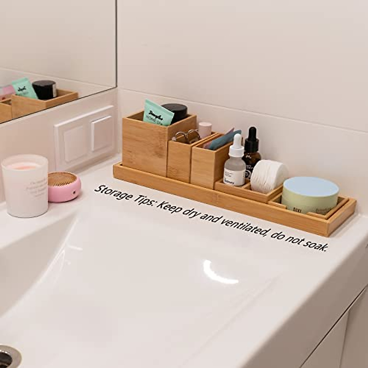 ROCDEER Bamboo Vanity Tray, 6-Piece Bathroom Countertop Vanity Tray Set, Makeup Kitchen Desk Organizer and Storage - Holds Small Items