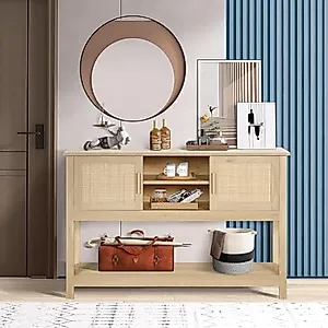 LAZZO Rattan Console Table 47" Narrow Entryway Table Sofa Table Behind Couch Table Coffee Bar with 2 Door Cabinets, 2 Drawers and Open Storage Shelf for Living Room, Foyer and Hallway Natural Wood
