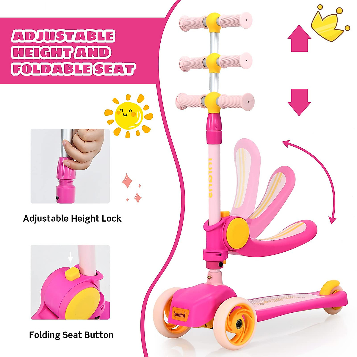INFANS 3 Wheel Scooter for Kids, 2 in 1 Learn to Steer Kick Scooters with Removable Seat, LED Flashing Wheels, Adjustable Height, Wide Deck, Outdoor Activities Toy Gift for Girls Boys Ages 3-8 (Pink)