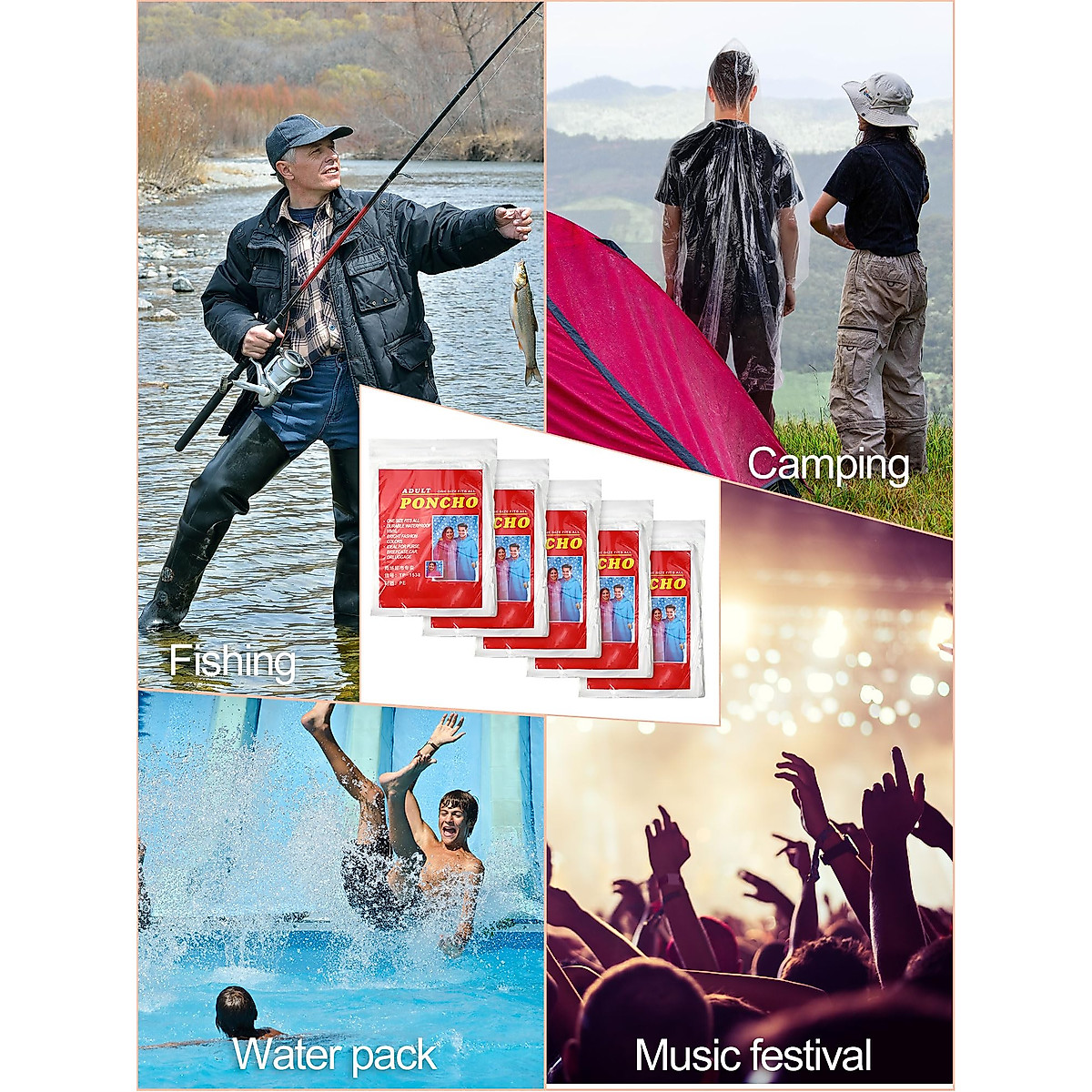 40 Pack Disposable Rain Ponchos for Adults Disposable Ponchos Pack with Drawstring Hood Elastic Sleeves Raincoat for Camping (Clear White)