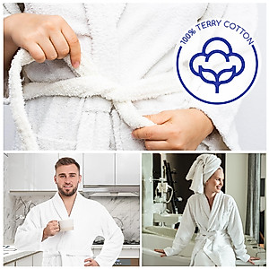 Unisex 100% Cotton Terry Cloth Bathrobe with Kimono Collar – Soft, Lightweight and Absorbent Towel Material – Ideal Robe for Men & Women at Home, Spa, Hotel, Sauna, Pool, Post Bath & Shower - White