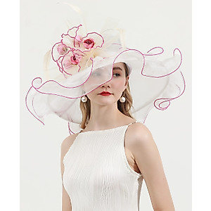 RZTA Women's Kentucky Derby Church Dress Hat Wide Brim Leaf Flower Bridal Shower Hat 01White,Pink