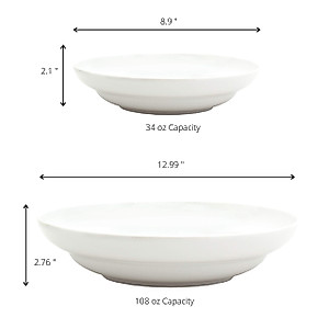 EuroCeramica Essential Bowls Set, 4 Piece 8.9'' Entrée Bowls and 1 Piece 12.99'' Serving Bowl, Classic White