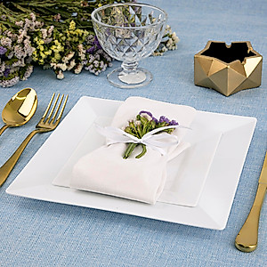 SETUP [100 Piece Combo White Square Plates, Disposable Plastic Plates - Premium Heavy-Duty 50 Disposable 9.5" Dinner Party Plates and 50 Disposable 6.5" Salad Plates