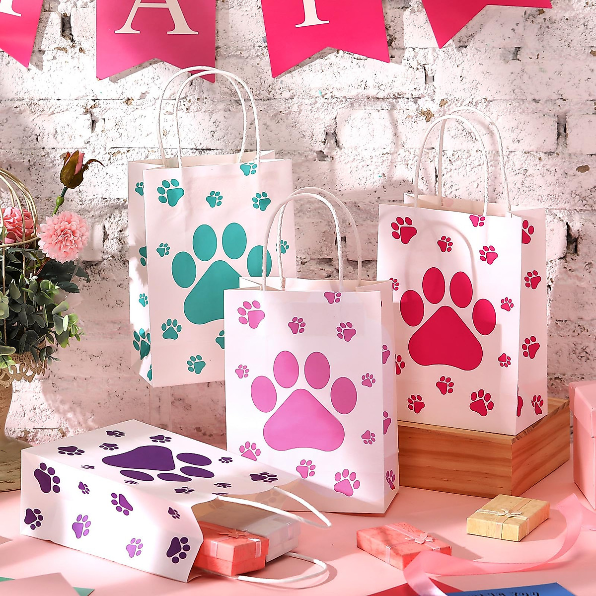 Resurhang 24 Pcs Paw Print Gift Bags with Handle Paper Treat Goodie Dog Gift Bags Dog Birthday Party Favors for Girl Boy Baby Shower, 8.2 x 6 x 3 Inches(Light Pink, Rose Pink, Teal, Purple)