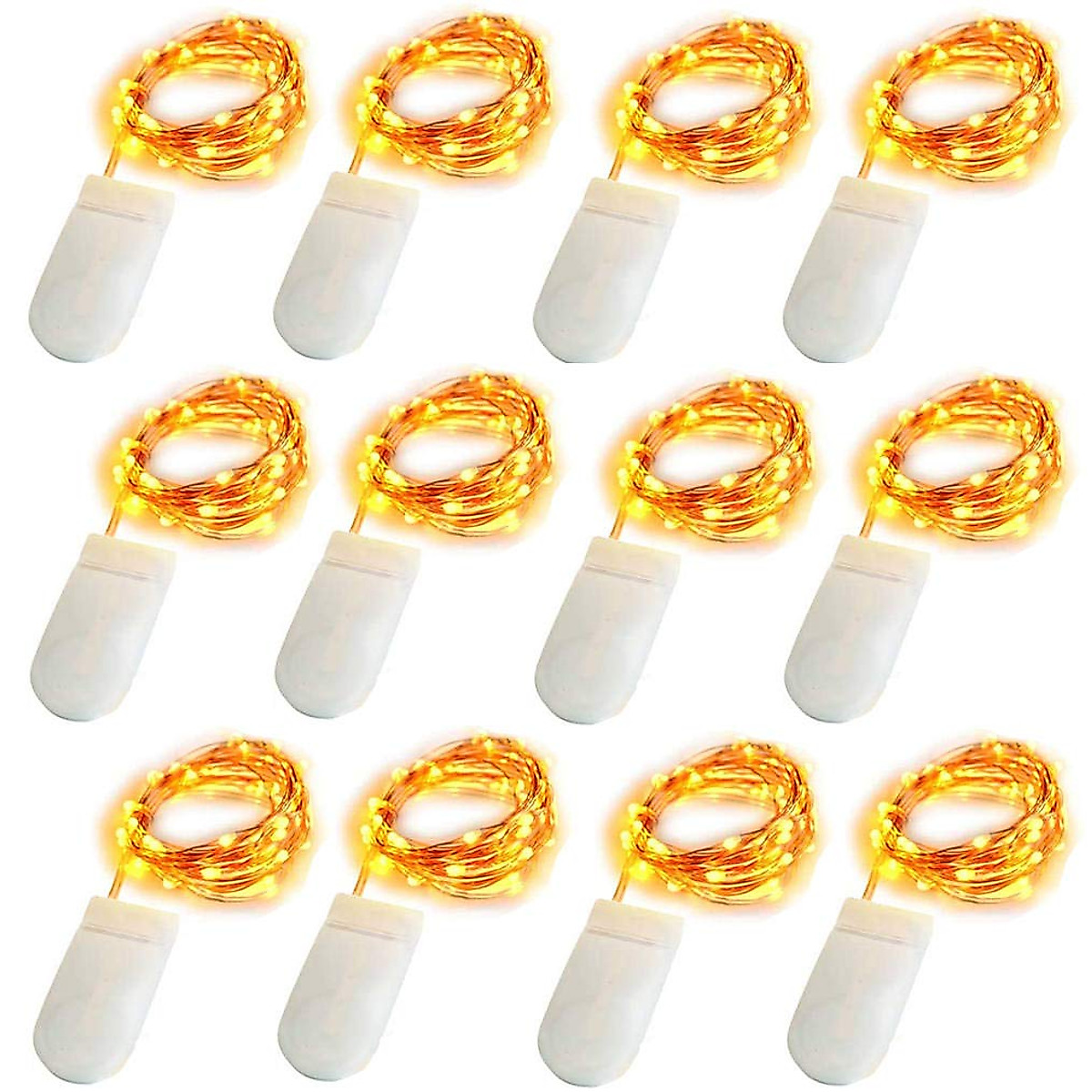 12 Pack Fairy Lights Battery Operated, 6.5Ft 20 Led Waterproof Mini Firefly String Lights with Flexible Silver Wire for Wedding Centerpieces, Mason Jar Craft, Christmas Garlands, Party Decor,Amber