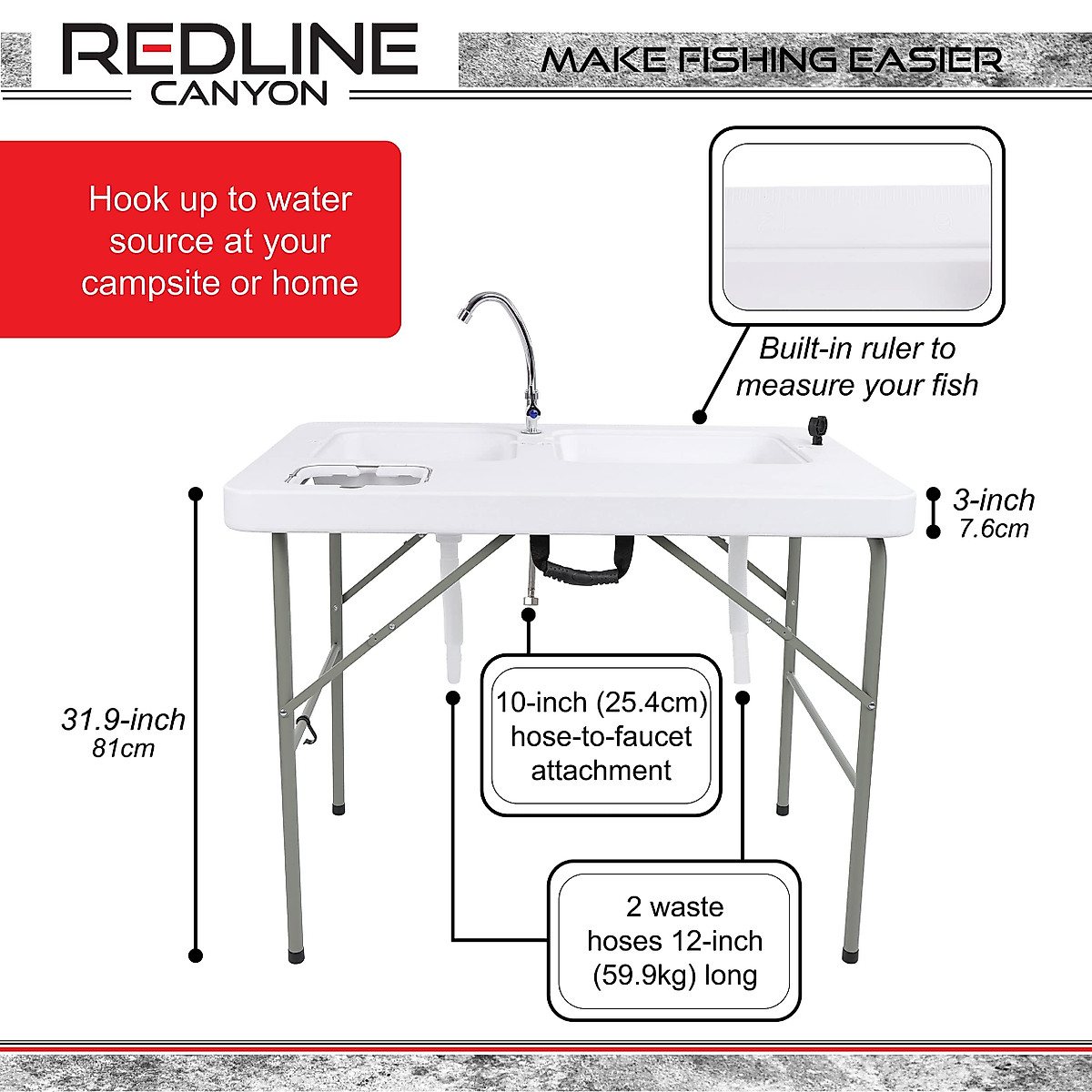 Redline Canyon Camping Sink Table with Dual Sinks - Plastic, Steel, Portable 32in Tall Fish Cleaning Table Countertop Camping Kitchen with Faucet