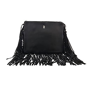 Daniela Fargion Black Leather Suede Fringe Pouch Clutch for womens