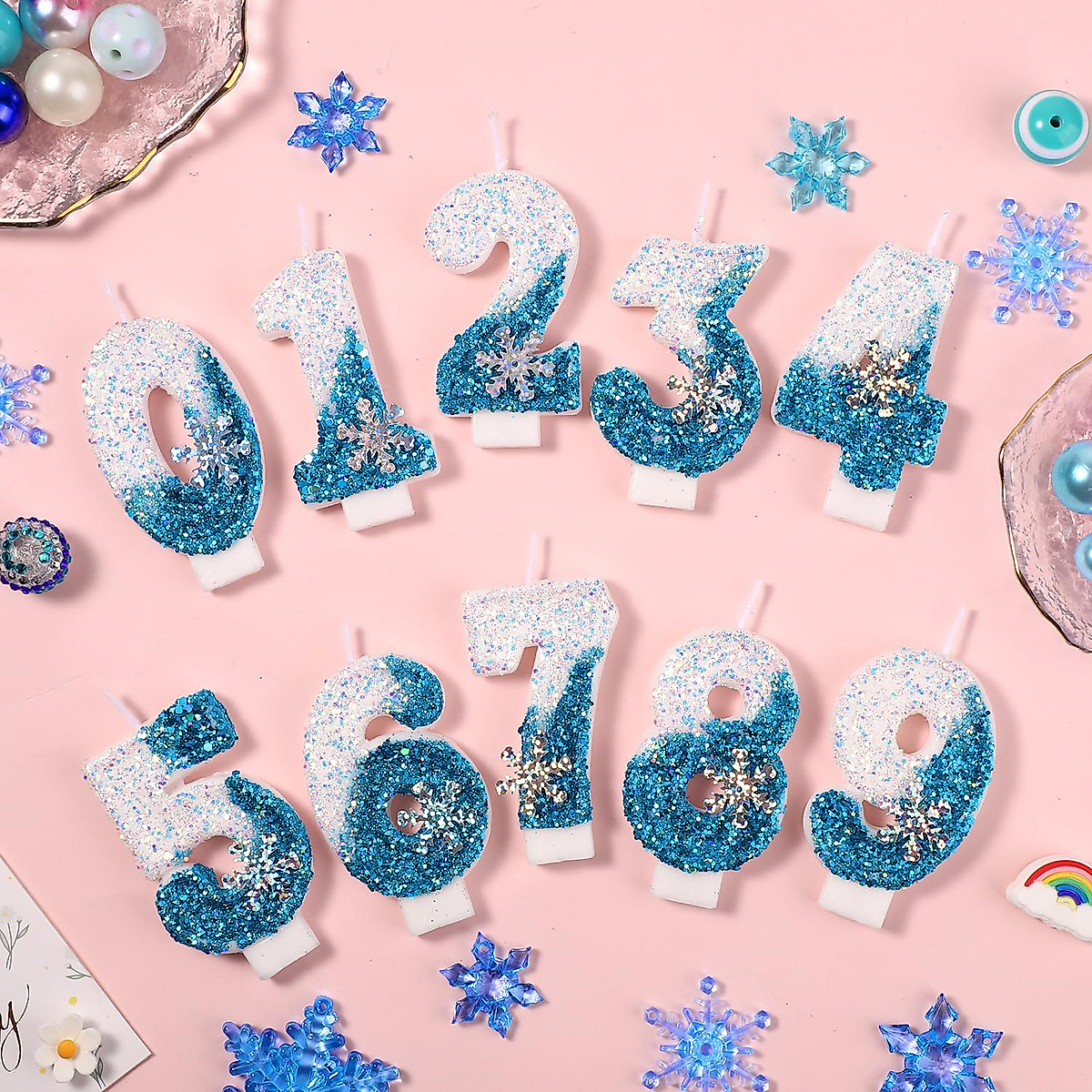 Frozen Birthday Candles 0-9, Snowflake Glitter Number Candles White and Blue Cake Decorations for Kids Adults Birthday Wedding Anniversary Party Supplies (3)