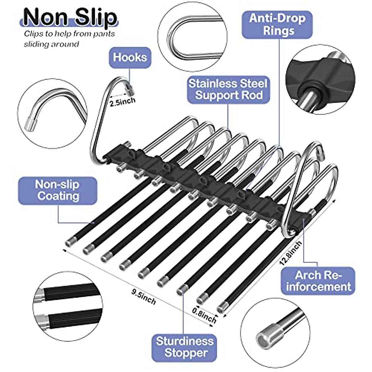 2 Pack Upgrade 9 Layers Pants Jeans Hangers Space Saving+2 Pack Skirt Hangers Stainless Steel Multifunctional Clothes Pant Rack Dorm Room Essentials Closet Hanger Organizer for Pants Trousers Skirts