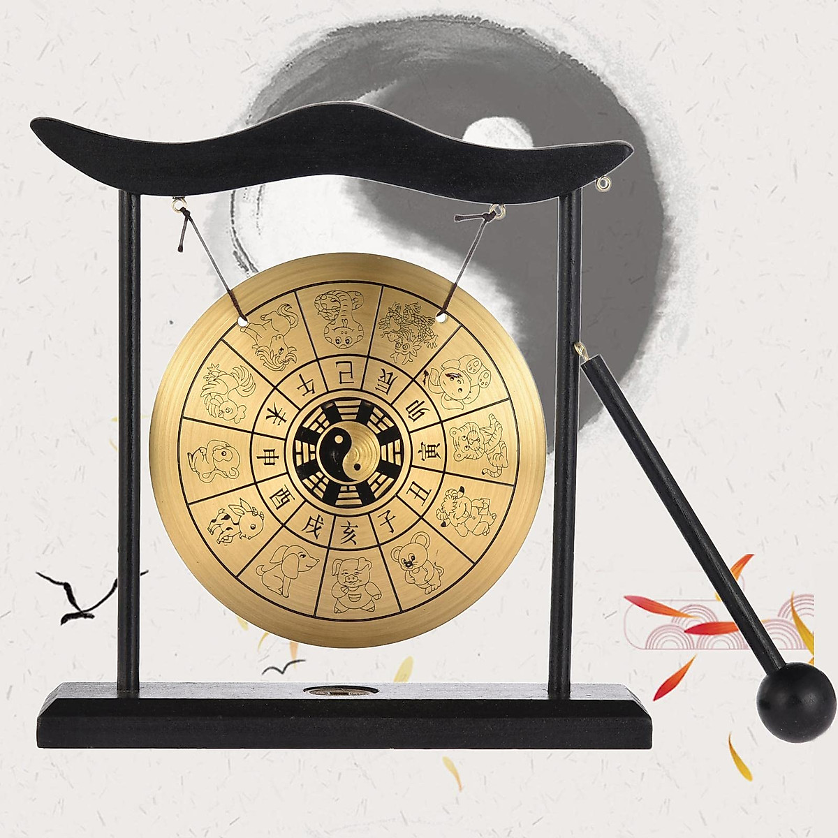 Xiaoling Zen Chinese Table Gong - Zen Art Brass Feng Shui Desktop Gong, Mini Percussion Desk Gong with Mallet, Wind Chime Percussion Instruments, for Home Decor Housewarming Gift