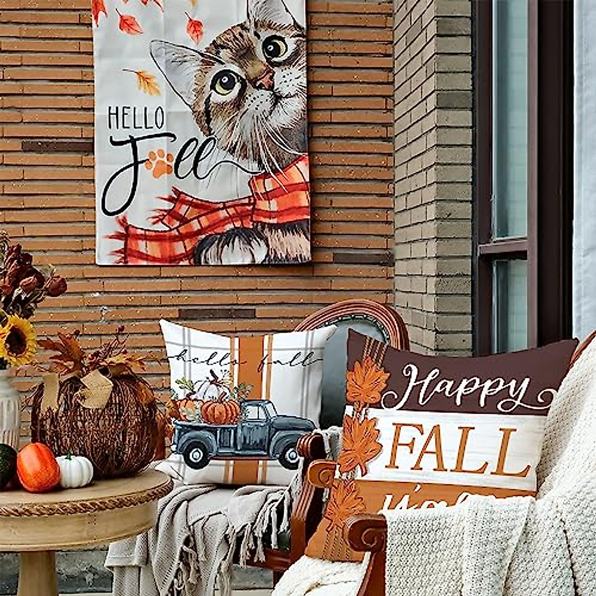 GEEORY Fall Pillow Covers 18 x 18 Inch Set of 4, Happy Fall Y'all Stripes Pumpkins Mason Jar Thankful Decor, Cushion Cases for Farmhouse Home Party Sofa Couch (Brown) G355-18
