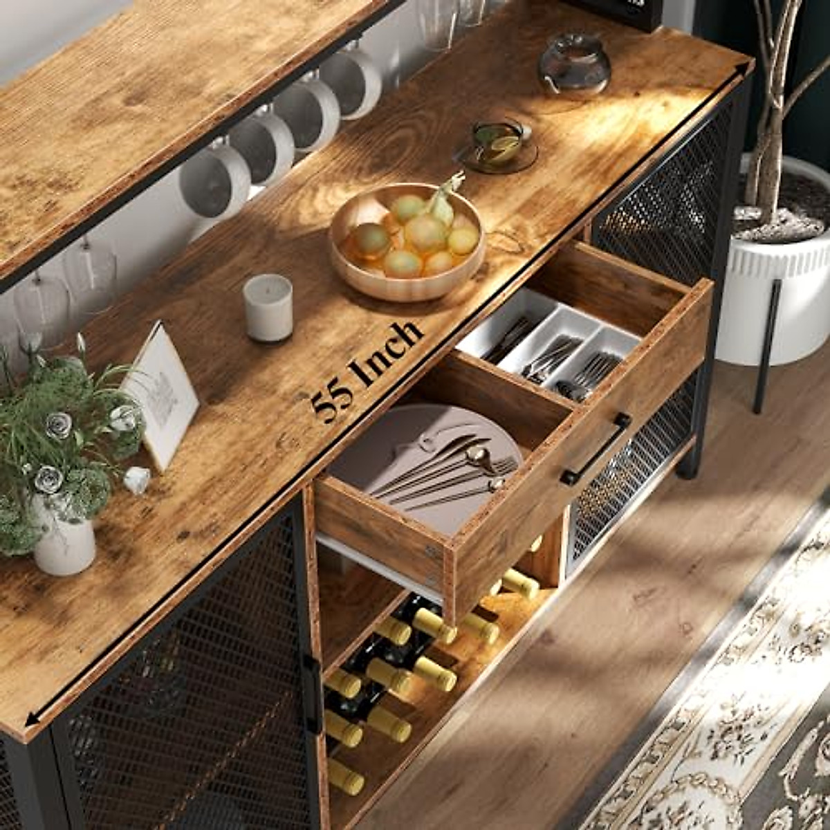 Gyfimoie Wine Bar Cabinet with Drawer and LED Lights, 55 Inches Industry Coffee Bar Cabinet with Wine Rack and Glass Goblet Holder, Kitchen Sideboard Buffet Cabinet for Liquor and Goblet