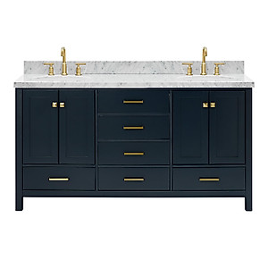 ARIEL 67" Midnight Blue Double Bathroom Vanity with 1.5" Edge Italian Carrara Marble Countertop & Splash, 2 Oval Sinks, 4 Soft Closing Doors, 6 Full Extension Dovetail Drawers, Satin Brass