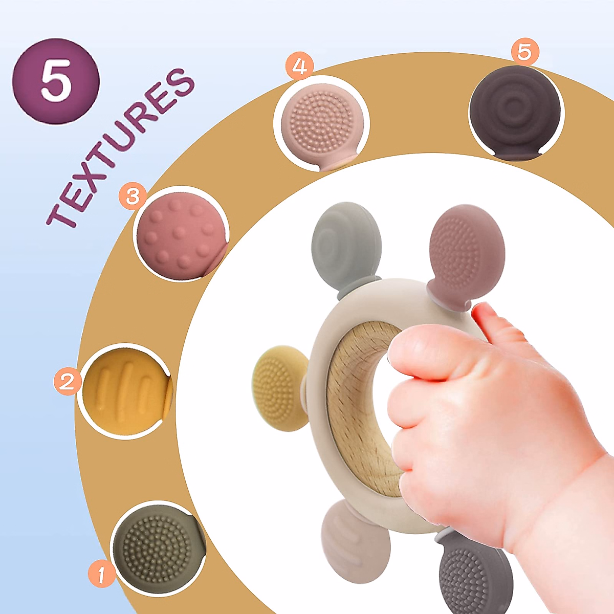 Baby Teething Toys Silicone Chewable Teethers BPA Free Silicone Rudder with Removable Wooden Ring for Soothing Babies Gums Teethers for Babies 0-24 Months (Beige,6 Directions)