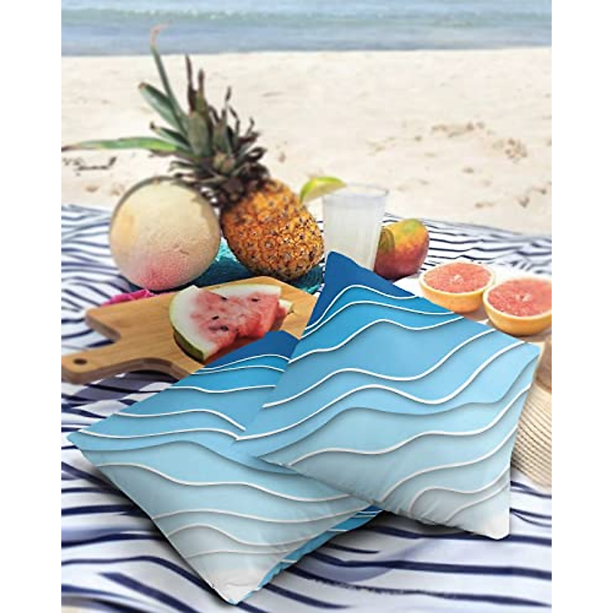 Outdoor Pillow Covers Waterproof, Blue Ombre Throw Pillowcase Decorative Cover, Aesthetic Geometric Blue Wave Modern Abstract Art Garden Cushion Case Set of 2 for Sofa, Couch, Tent, Patio 18"x18"