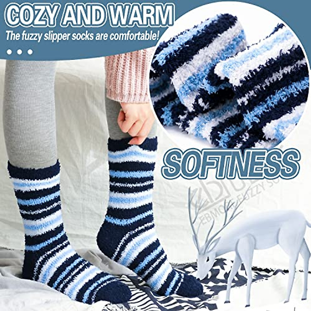 Fuzzy Socks for Men & Women Slipper Fluffy Warm Winter Non Slip Skid Thick Cozy Sleep Socks with Grips Cabin Soft Stocking Stuffers Christmas Gift Socks（Stripe 6 Pairs)