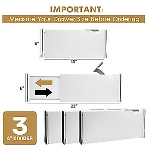RAPTUROUS Deep Drawer Divider 3 Pack, [6 Inch Tall, 13-22"] Long Expandable, Adjustable Drawer Dividers for Clothing, Clothes, Dresser, Kitchen, Strong & Sturdy Hold, Soft Foam Edges（White）