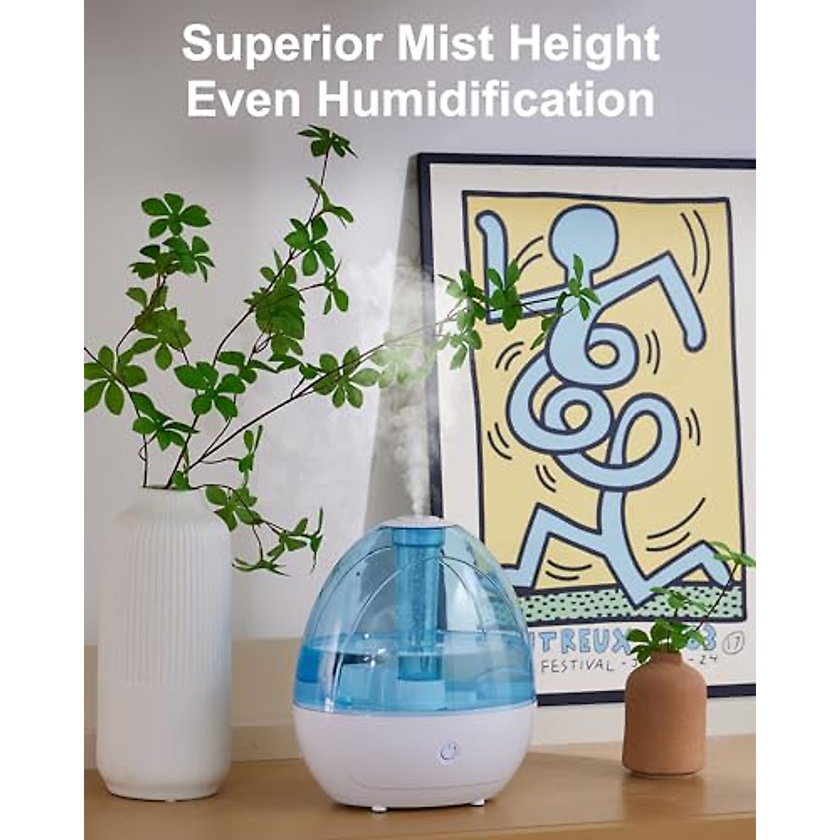 2L Cool Mist Humidifier for Bedroom with Nightlight, 30H Runtime, 360° Nozzle, Auto Shut-Off, Easy to Fill and Clean, Ideal for Home and Baby Nursery