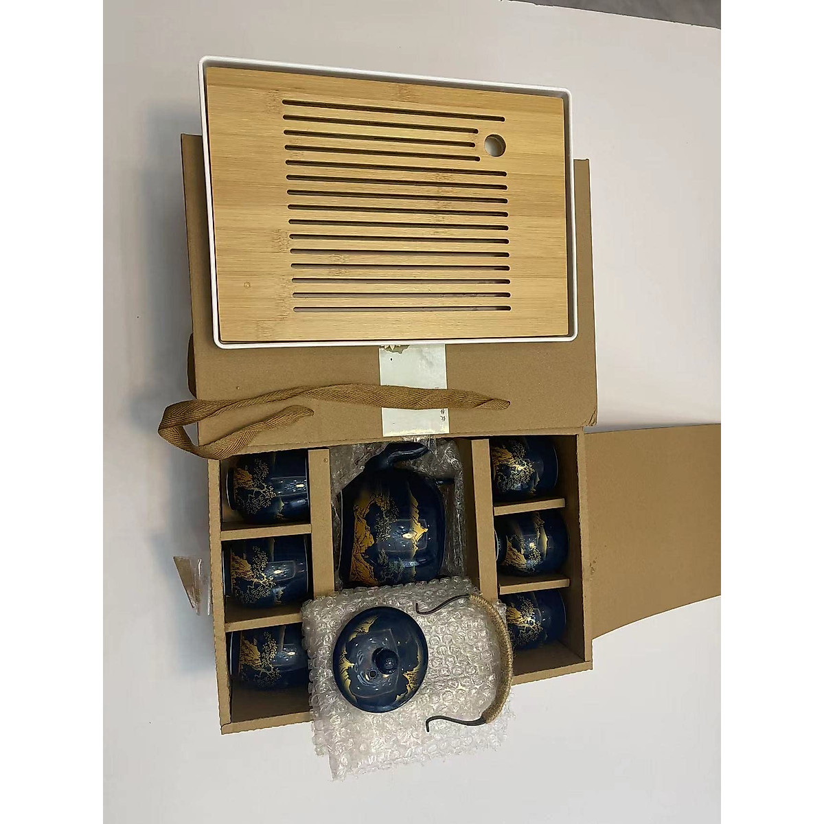 Japanese Tea Set, Black Glazed Tea Set in Gift Box With 1 Teapot, 1 Tea Strainer, 1 Tea Tray and 6 Tea Cups. Ideal Tea Set for Office Home, Asian Tea Sets for Tea Lovers(Landscape Blue)