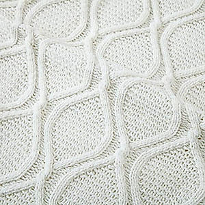 Revdomfly Chenille Knitted Throw Blanket with Pom Poms, Fuzzy & Fluffy Couch Cover Decorative Knit Blanket for Sofa Bed, 51.2" x 63", White