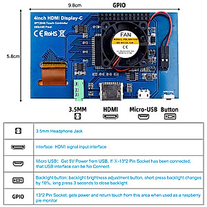 Miuzei Raspberry Pi 4 Touchscreen with Case Fan, 4 inch IPS Touch Screen LCD Display, 800x480 HDMI Monitor for RPI 4b 8gb/4gb/2gb with Touch Pen (Support Raspbian/Kali/Octopi/Ubuntu)- No Raspberry Pi
