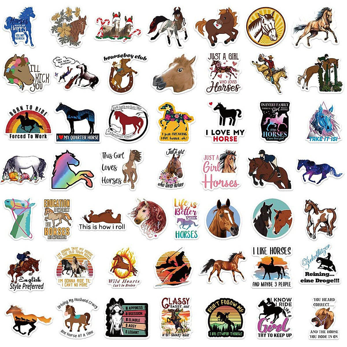 50Pcs Pack Horse Stickers Horse Style PVC Waterproof Vinyl Stickers Decals for Decor Party Car Laptops Water Bottle Helmet Refrigerator Stickers