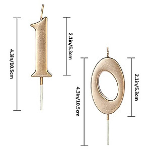 Champagne Gold 10th Birthday Candles for Cake, Number 10 1 Glitter Candle Party Anniversary Cakes Decoration for Kids Women or Men