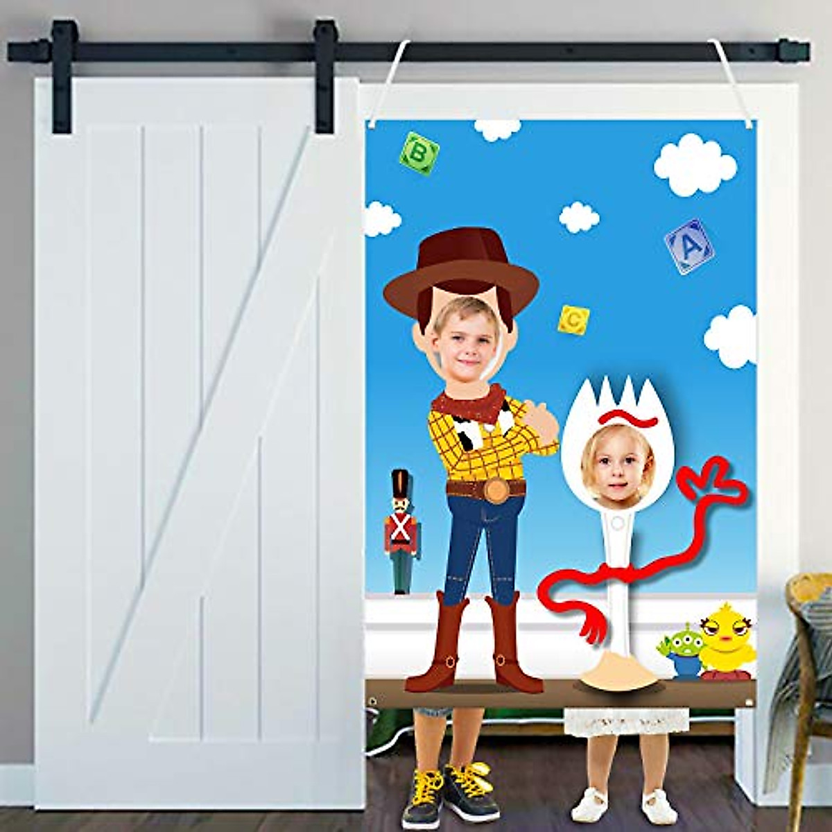Ticiaga Toy 4th Photo Door Banner, Large Fabric Fork Face Photography Banner Background, Pretend Play Party Game Photo Props Backdrop Props, Toy Inspired Story Theme Party Favor Supplies