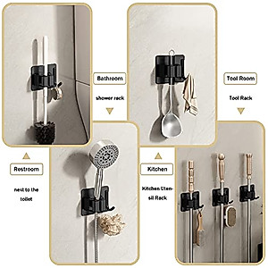 CELBERENA 5 Pack Mop Broom Holder No Drill SUS304 Stainless Steel, Self Adhesive Mop Broom Organizer Wall Mounted Heavy Duty with Hooks Storage Hanger for Bathroom, Kitchen, Office, Black