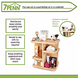 7Penn Bathroom Cosmetic Organizer Countertop Rotating Makeup Display - 11in Bamboo Bathroom Tower Shelf 2 Tier Organizer