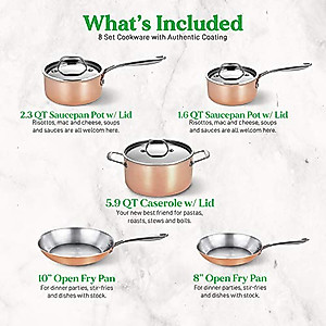 NutriChef 8 Pcs. Stainless Steel Kitchenware Pots & Pans Set Stylish Kitchen Cookware w/Cast SS Handle, Tri-Ply Authentic Copper, for Saucepan, Casserole, Frying Pan, Lids NCCW8SS, WHITE SILVER
