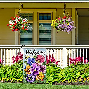 Covido Welcome Spring Summer Pansy Flower Decorative Garden Flag, Floral Yard Outside Decorations, Summer Farmhouse Outdoor Small Home Decor Double Sided 12 x 18