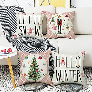 wyooxoo Christmas Pillow Covers 20x20 Set of 4 Christmas Tree Pink Throw Pillow Covers Cushion Cases Winter Decorative Farmhouse Pillowcases for Sofa Couch Living Room Home Decor (20" x 20", Pink)