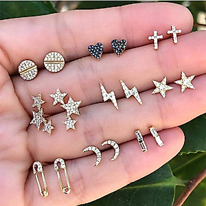 Asooll 9Pairs Star Heart Moon Multiple Stud Earrings set Fashion Stud Earring Set for Women