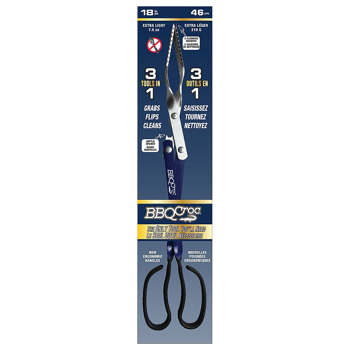 BBQ Croc 3 in 1 Barbecue Tool 18-inch - Lightweight and Long Tongs, Spatula and Grill Scraper (Blue) (18 inch Without Flashlight)