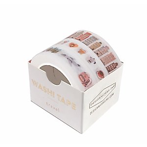 DesignWorks Ink Set of 3 Themed Washi Tapes - Travel and Food Icons Printed on Decorative Tape for Scrapbook, Journals, More - 10 Yards Per Roll