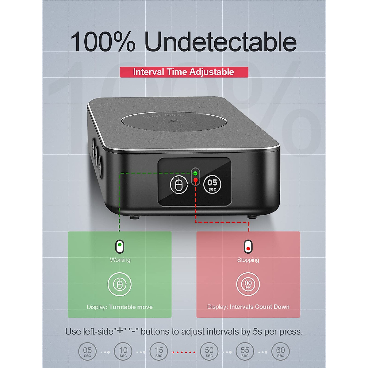 【Screen Display & Interval Timer】ENUSUNG Nice Mouse Mover, Undetectable Mechanical Mouse Jiggler, With ON/OFF Switch and Adjustable Timer(between 5-60s), Silent Automatic Mouse Shaker, Keeps PC Active