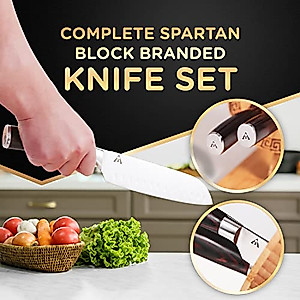 Spartan Knife Block- Complete Damascus Style Knife Set for Men- 5 Chef Knives, Knife Sharpener & Bamboo Spartan Knife Holder. Funny Stabbed Man Knife Holder- Unique Knife Holder