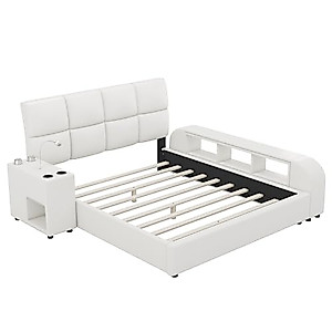 EOVTK Queen Size Upholstered Platform Bed with Built-in Multimedia Nightstand and Storage Shelves, Faux Leather Platform Bed Frame with 2 Cup Holders, Light and Charging Station, White