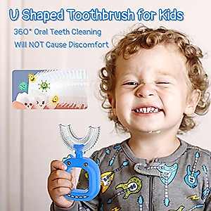 U Shaped Toothbrush - for Kids, Manual Whole Mouth Toddler Toothbrush Age 2-4 5 6 & up, Food Grade Soft Silicone Brush Head, 360° Oral Teeth Cleaning Design, Good for Children's Dental Health, 2 Blue