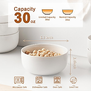 Jassceram Cereal Bowls Set of 6, 30 Oz Ceramic Bowls for Soup, Salad, Dessert, Oatmeal and Breakfast, Suitable for Kitchen or Dining - Dishwasher & Microwave Safe, 6 Inch, White