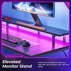 SUPERJARE Desk L Shaped Gaming Desk with LED Lights & Power Outlets, Computer Desk with Monitor Stand, Home Office Desk Corner Desk with Headphone Hooks, Carbon Fiber Black