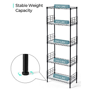 LINSY HOME Upgrade 5-Tier Storage Shelves, Height Adjustable Pantry Shelves with 5 Hooks & Shelf Liners, Metal Shelves for Storage, Storage Shelf Heavy Duty for Living Room, Kitchen, Bathroom