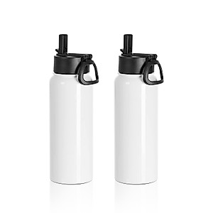 PYD Life Sublimation Water Bottle Blanks Sports Tumbler Cups White 30 OZ Wide Mouth Stainless Steel Vacuum Flask with Straw and Portable Handle for Cricut Mug Press and Tumbler Press Print 2 Pack