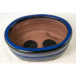 Oval Shohin Bonsai Pot, Cactus & Succulent Planter + Mesh 6"x 4.5"x 2.5" - Blue Stain Glazed