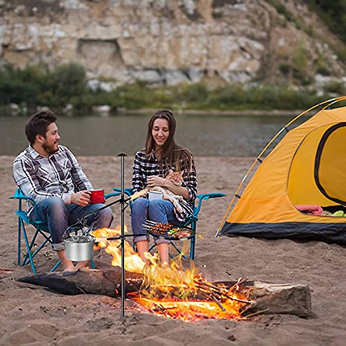 Adjustable Outdoor Campfire Grill Stand Portable Camping Kitchen Table,Swivel Campfire Grill, Heavy Duty BBQ，Fire Pit Grill，Over Fire Camping Grill for Outdoor Barbecue Over Open Fire