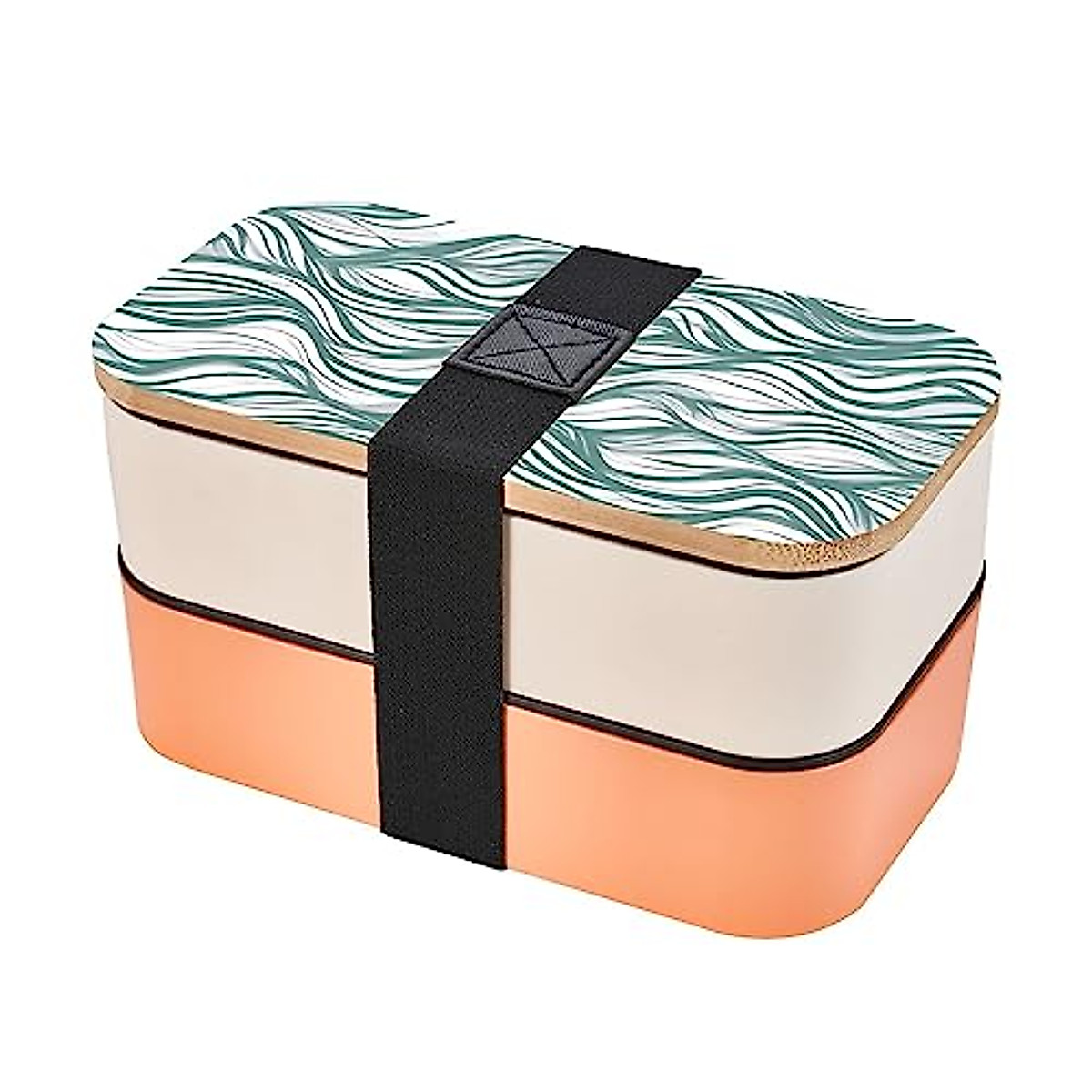 Green Wavy Stripe Adult Lunch Box, Bento Box, With Cutlery Set Of 3, 2 Compartments, Rectangular, Lunch Box For Adults