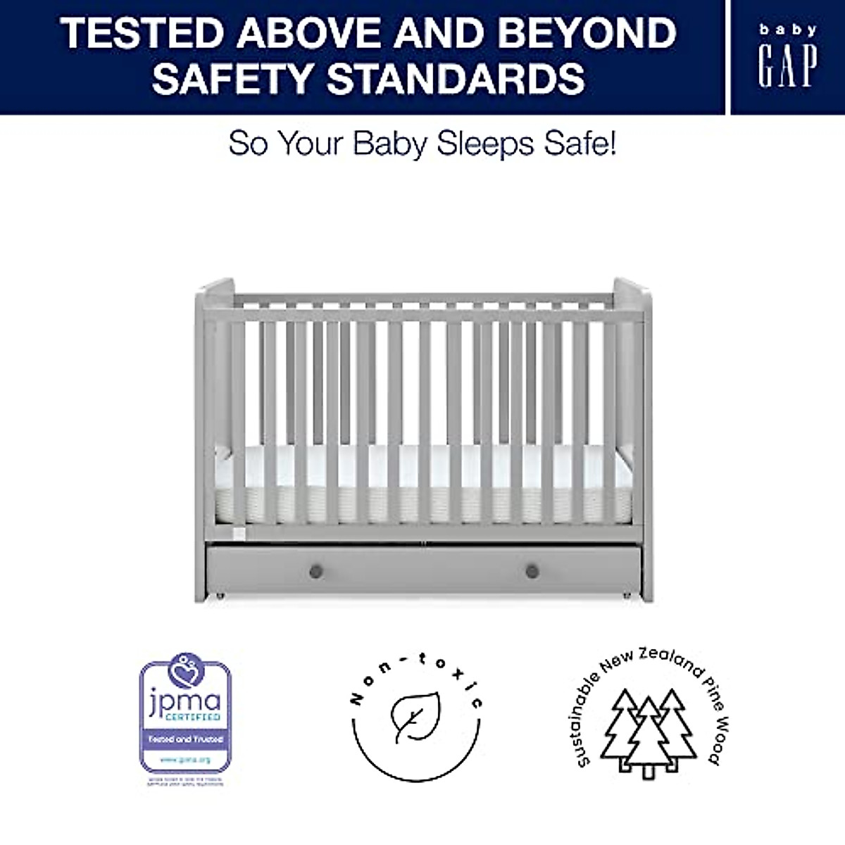 babyGap by Delta Children Graham 4-in-1 Convertible Crib with Storage Drawer TrueSleep Crib and Toddler Mattress (Bundle), Grey/Dark Grey